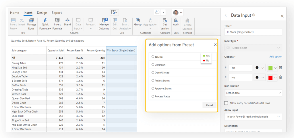 Manual Data Input Options in Power BI Table / Matrix Reports